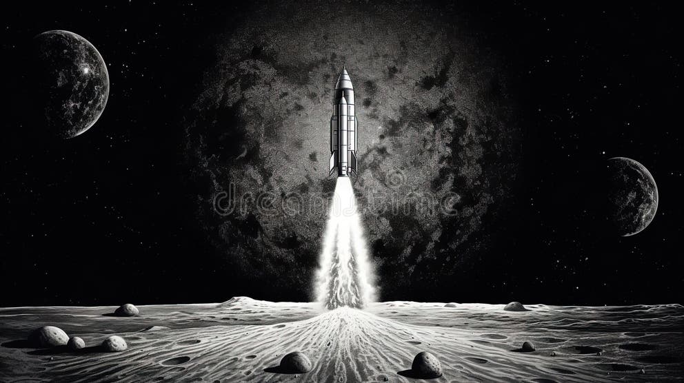 Rocket Launch Scene in Retro Black and White Style. Rocket Take Off ...