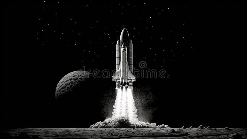 Rocket Launch Scene in Retro Black and White Style. Rocket Take Off ...