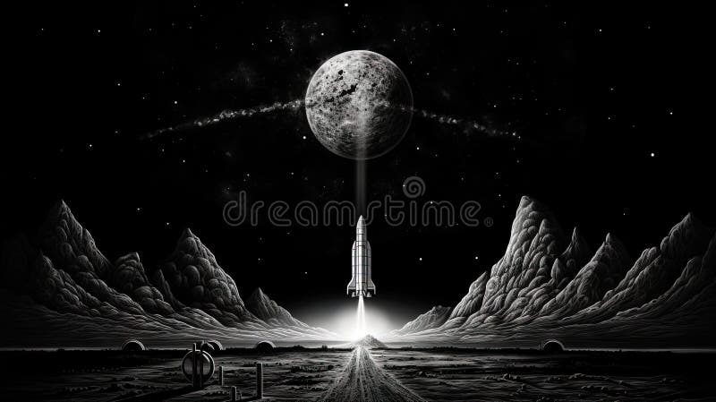 Rocket Launch Scene in Retro Black and White Style. Rocket Take Off ...