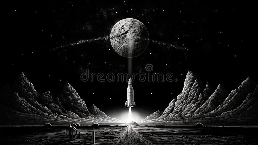 Rocket Launch Scene in Retro Black and White Style. Rocket Take Off ...