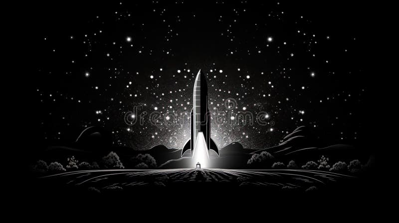 Rocket Launch Scene in Retro Black and White Style. Rocket Take Off ...