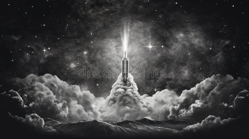 Rocket Launch Scene in Retro Black and White Style. Rocket Take Off ...