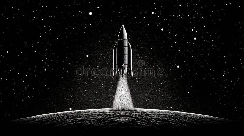 Rocket Launch Scene in Retro Black and White Style. Rocket Take Off ...