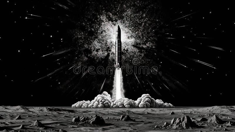 Rocket Launch Scene in Retro Black and White Style. Rocket Take Off ...