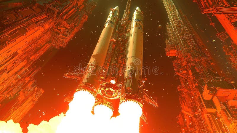 A Rocket Launch Seen from a Low Angle. Bright Flames are Visible from ...
