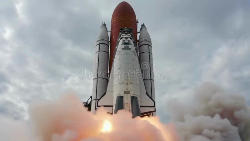 Rocket Launch Sequence with Smoke Plumes Against Cloudy Sky Background ...