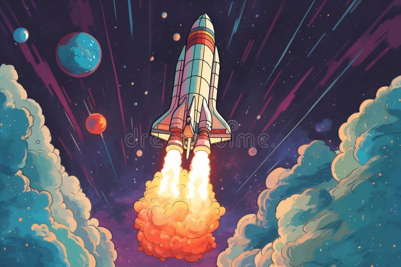 Rocket Launch, Ship, 2d Illustration Stock Image - Image of retro ...