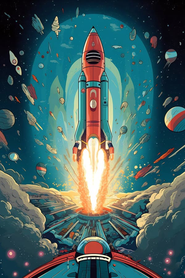 Rocket Launch, Ship, 2d Illustration Stock Image - Image of retro ...