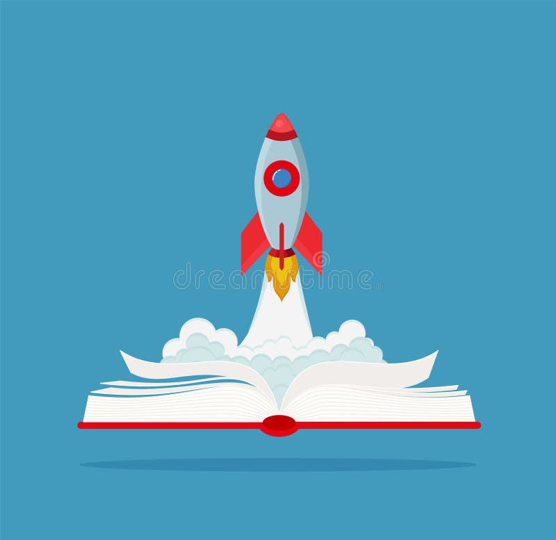 Rocket Launch, Ship and Opened Book. Vector Illustration Stock Vector ...
