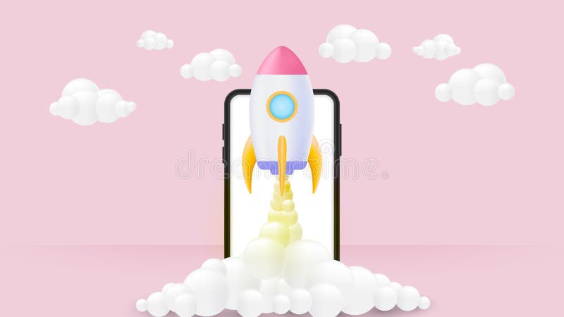 Rocket Launch on Smartphone. 3d Flying Rocket Icon. Business Startup ...