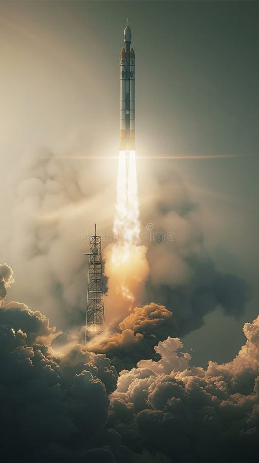 Rocket Launch with Smoke and Clouds, Early Morning Light. Space ...