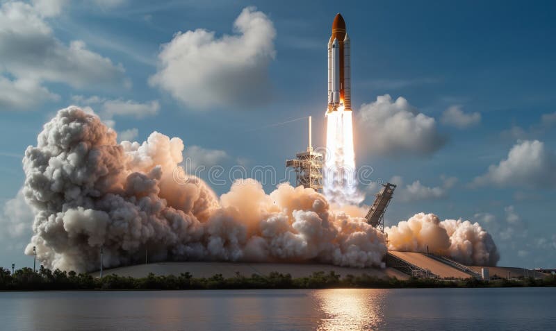 Rocket Launch with Smoke and Clouds, Powerful Ascent, Bright Flames ...