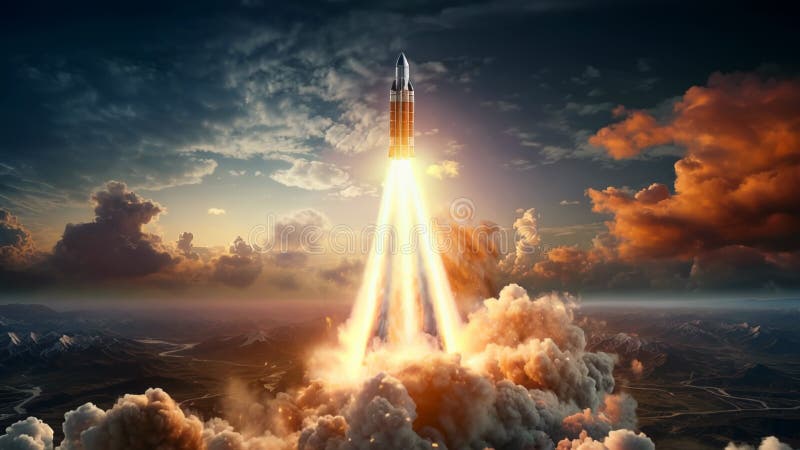 Rocket Launch with Smoke and Clouds in the Sky. Space Shuttle Taking ...