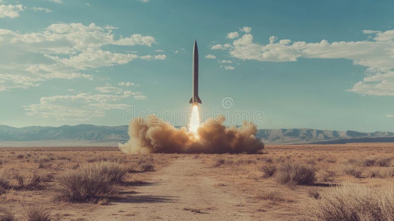 Rocket Launch with Smoke and Dust Against Clear Sky in Desert Landscape ...