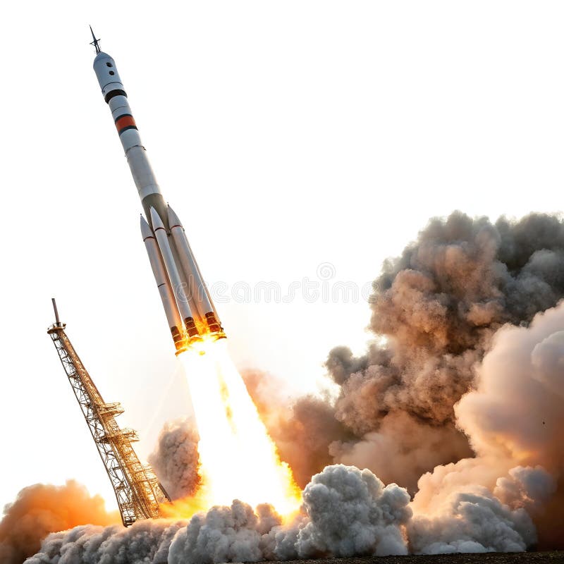 Rocket Launch with Smoke and Flames Isolated on White Background Stock ...