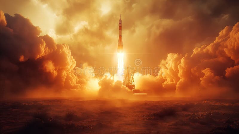 Rocket Launch from a Space Base in Steppe in Summer at Sunset Stock ...