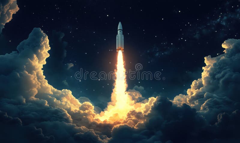 Rocket Launch into Space, Bright Flames, Dramatic Clouds, Starry Night Sky Stock Image - Image ...