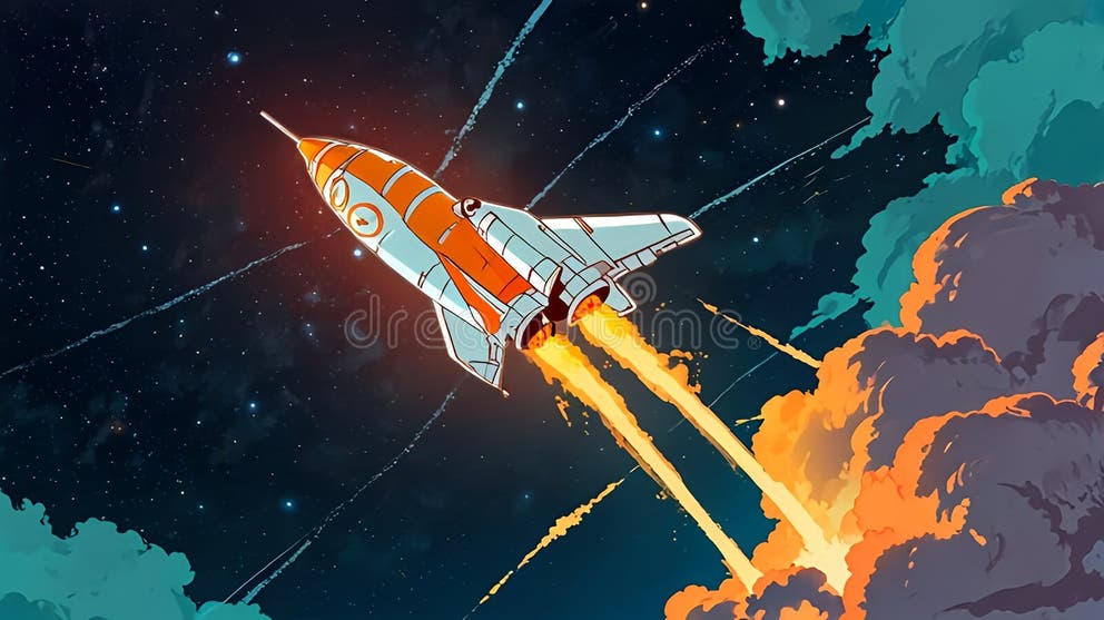 Rocket Launch in Space with Clouds Stock Illustration - Illustration of ...