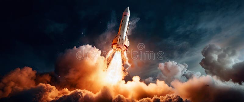 Rocket Launch into Space with Fiery Clouds at Night Stock Photo - Image ...