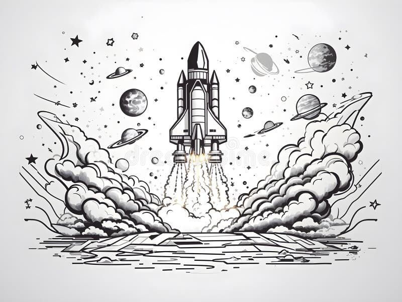Rocket Launch in Space. Hand Drawn Sketch Vector Illustration for Your ...