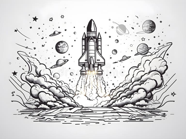 Rocket Launch in Space. Hand Drawn Sketch Vector Illustration for Your ...