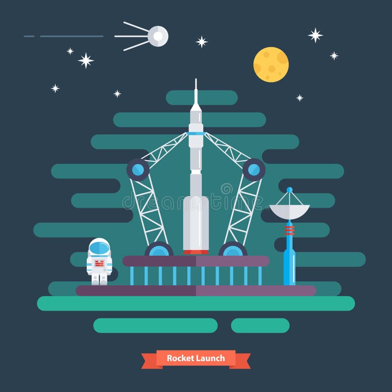 Rocket Launch. Space Landscape with Rocket, Spaceman, Satellite, Moon ...