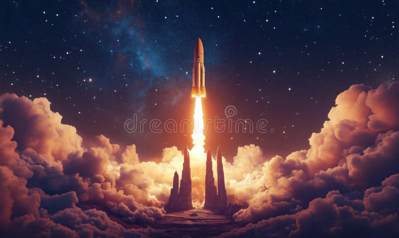 Rocket Launch into Space Surrounded by Clouds and Stars in a Cosmic ...