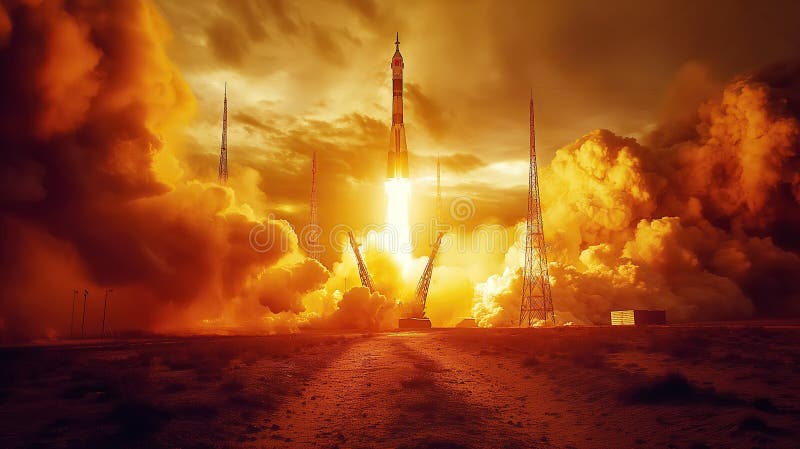 Rocket Launch from a Spaceport in Steppe in Summer at Sunset Stock ...