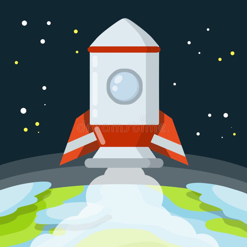 Rocket. Launch of Spaceship. Start To Earth Orbit. Flat Cartoon ...