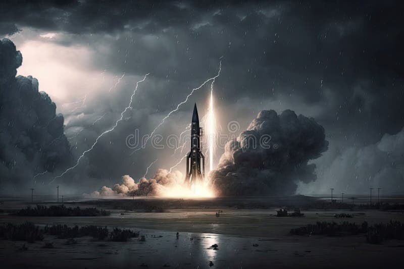 Rocket Launch into Stormy Sky, with Lightning and Thunder Stock ...