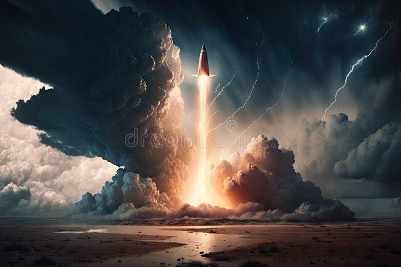 Rocket Launch into Stormy Sky, with Lightning and Thunder Stock ...