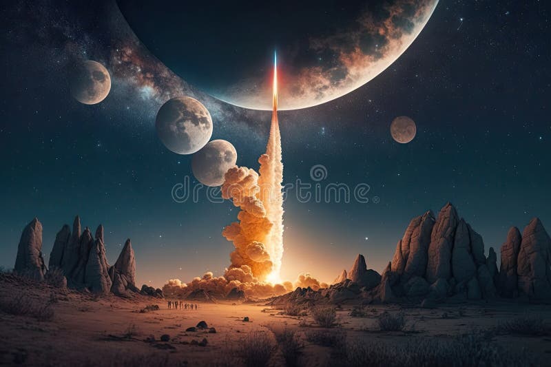 Rocket Launch, with Stunning View of the Moon in the Night Sky Stock ...