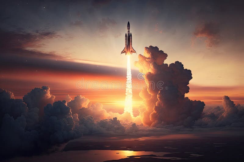 Rocket Launch, with the Sun Rising in the Background, Illuminating ...