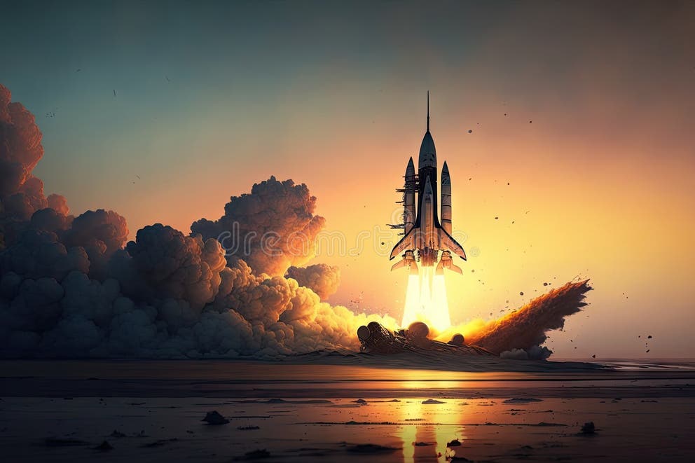 Rocket Launch, with the Sun Setting Behind it Stock Illustration ...