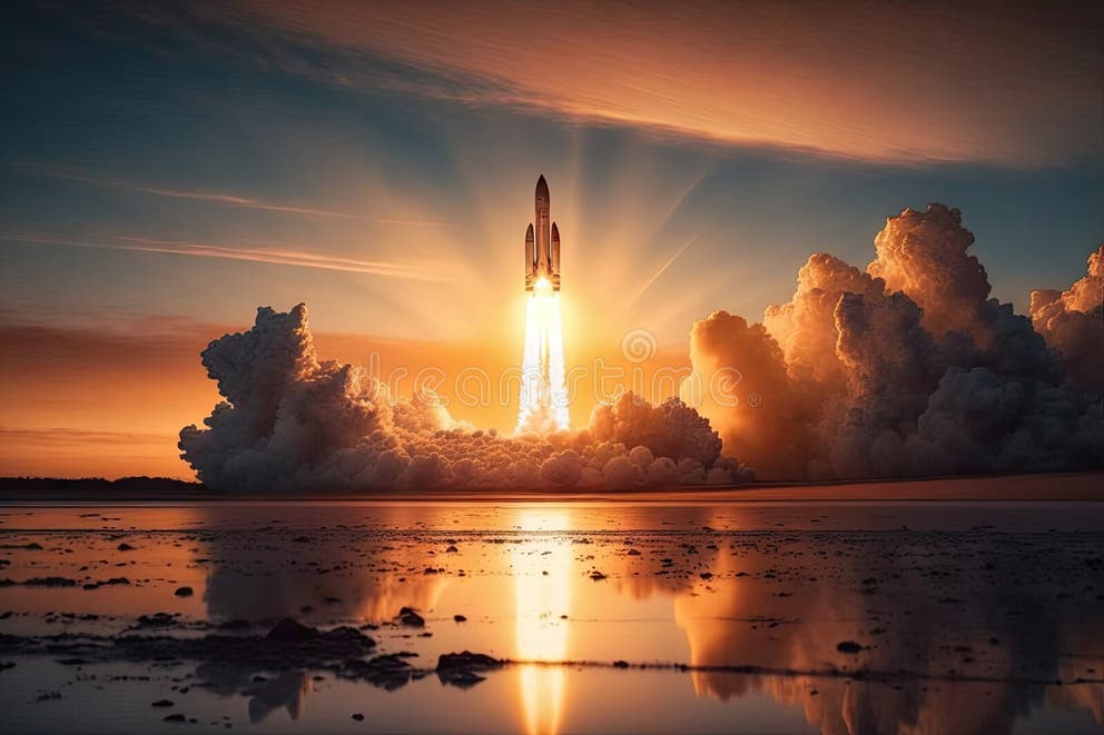 Rocket Launch, with the Sun Setting Behind it Stock Illustration ...
