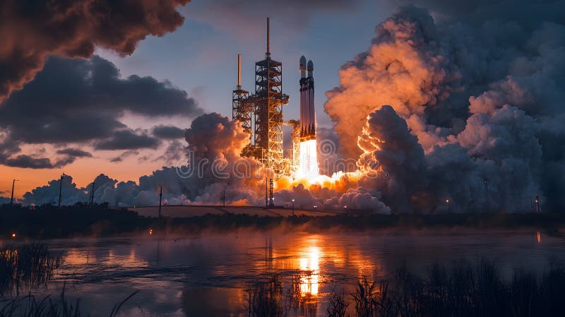 Rocket Launch at Sunrise with Dramatic Smoke and Flames Reflecting on ...