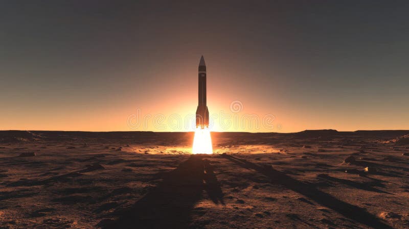 Rocket Launch at Sunrise Over a Desolate Landscape Stock Illustration ...