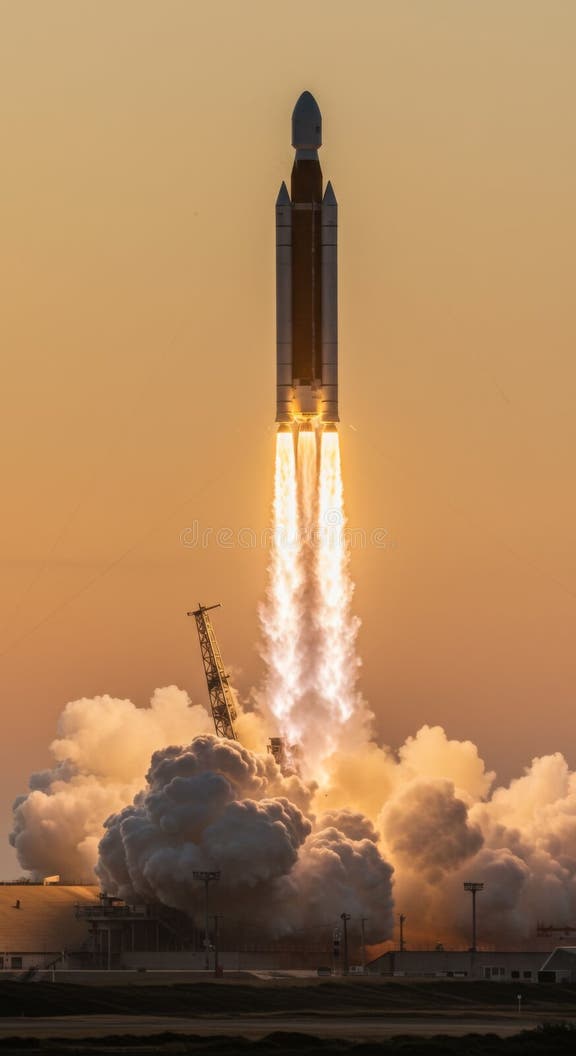 Rocket Launch at Sunrise, Powerful Ascent through Orange Sky Stock ...