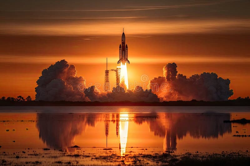 Rocket Launch at Sunrise, with the Sun Peeking Over the Horizon Stock ...