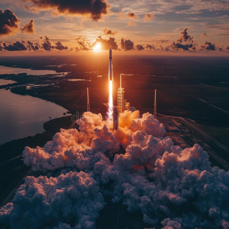 Rocket Launch at Sunset with Dramatic Clouds and Water Reflection Stock ...