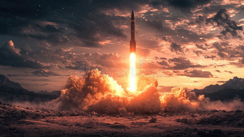 Rocket Launch at Sunset with Dramatic Sky and Smoke Clouds in a Desert ...