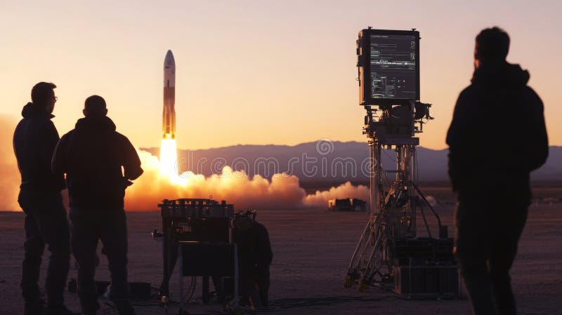 Rocket Launch at Sunset with Engineers Observing the Launch Preparation ...