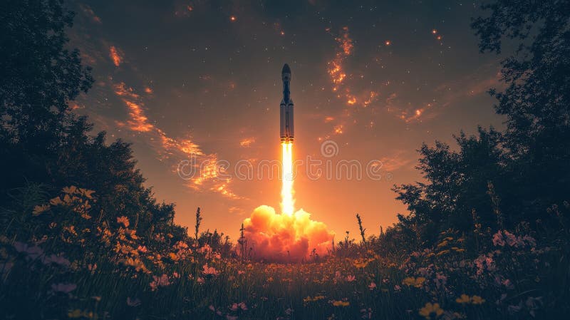 Rocket Launch at Sunset with Fiery Skies and Blooming Wildflowers Below ...