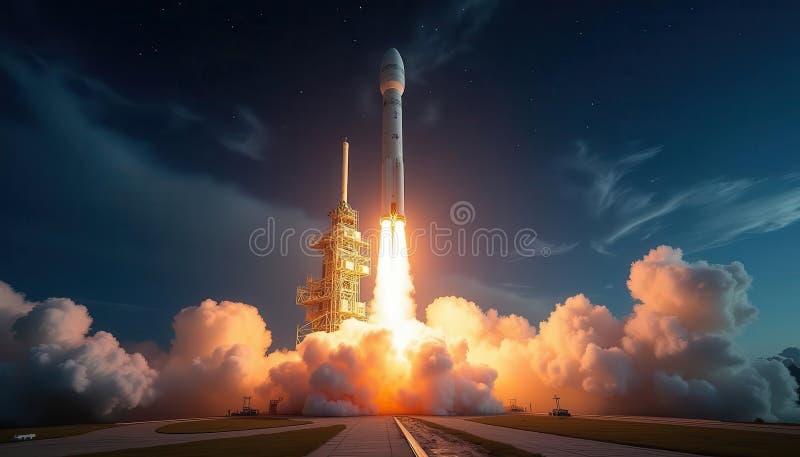 Rocket Launch at Sunset with Fire and Smoke. Space Exploration and ...