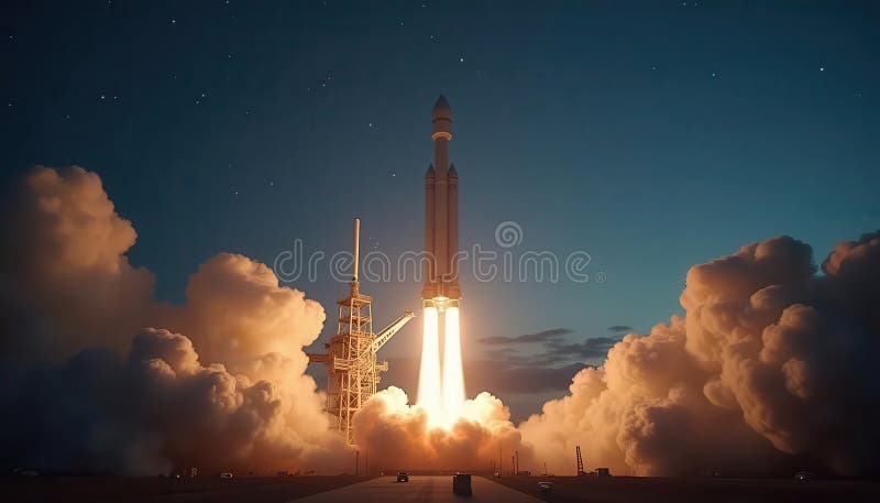 Rocket Launch at Sunset with Fire and Smoke. Space Exploration and ...