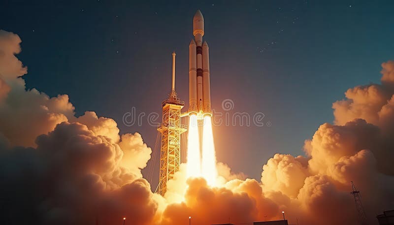 Rocket Launch at Sunset with Fire and Smoke. Space Exploration and ...