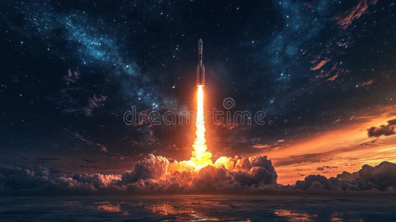 Rocket Launch at Sunset with Glowing Trails through Starry Night Sky ...