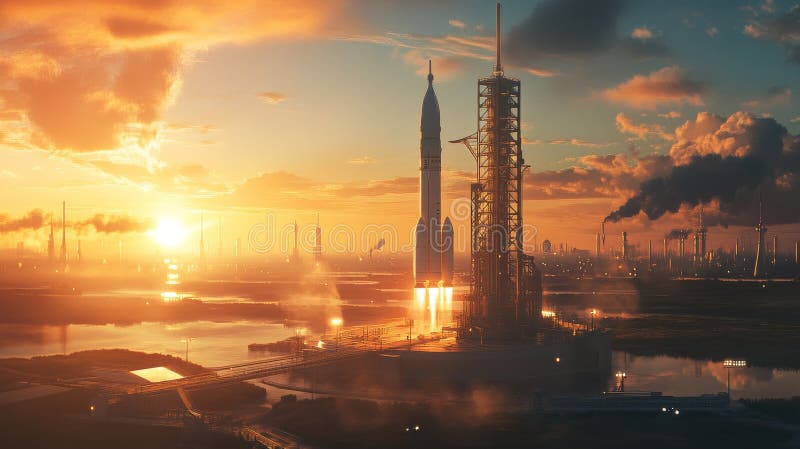 Rocket Launch at Sunset with Industrial Backdrop Stock Image - Image of ...