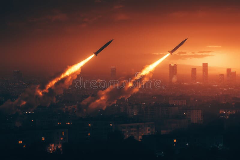 Rocket Launch at Sunset Over a City Skyline Creates a Dramatic ...