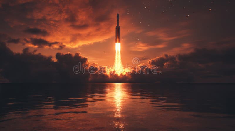 Rocket Launch at Sunset Over Ocean Stock Illustration - Illustration of ...